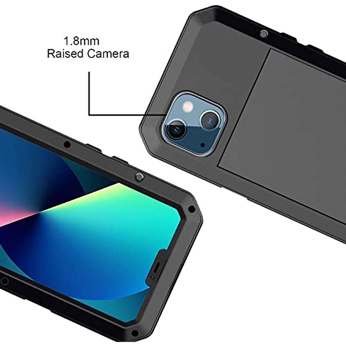 LUSTAM Heavy Duty Rugged Full Body Shockproof Dustproof Military Aluminum Silicone Bumper Protective Hard Case with Built in Screen Protector, Port Protector for iPhone 13 Mini 5.4 inch, Black