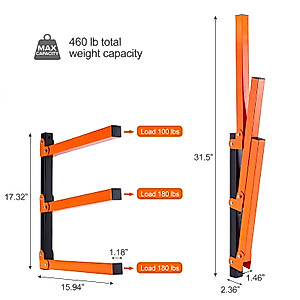 Ultrawall Lumber Storage Metal Rack with 3-Level and Garage Hooks for Snow Board Hook Tire Rack