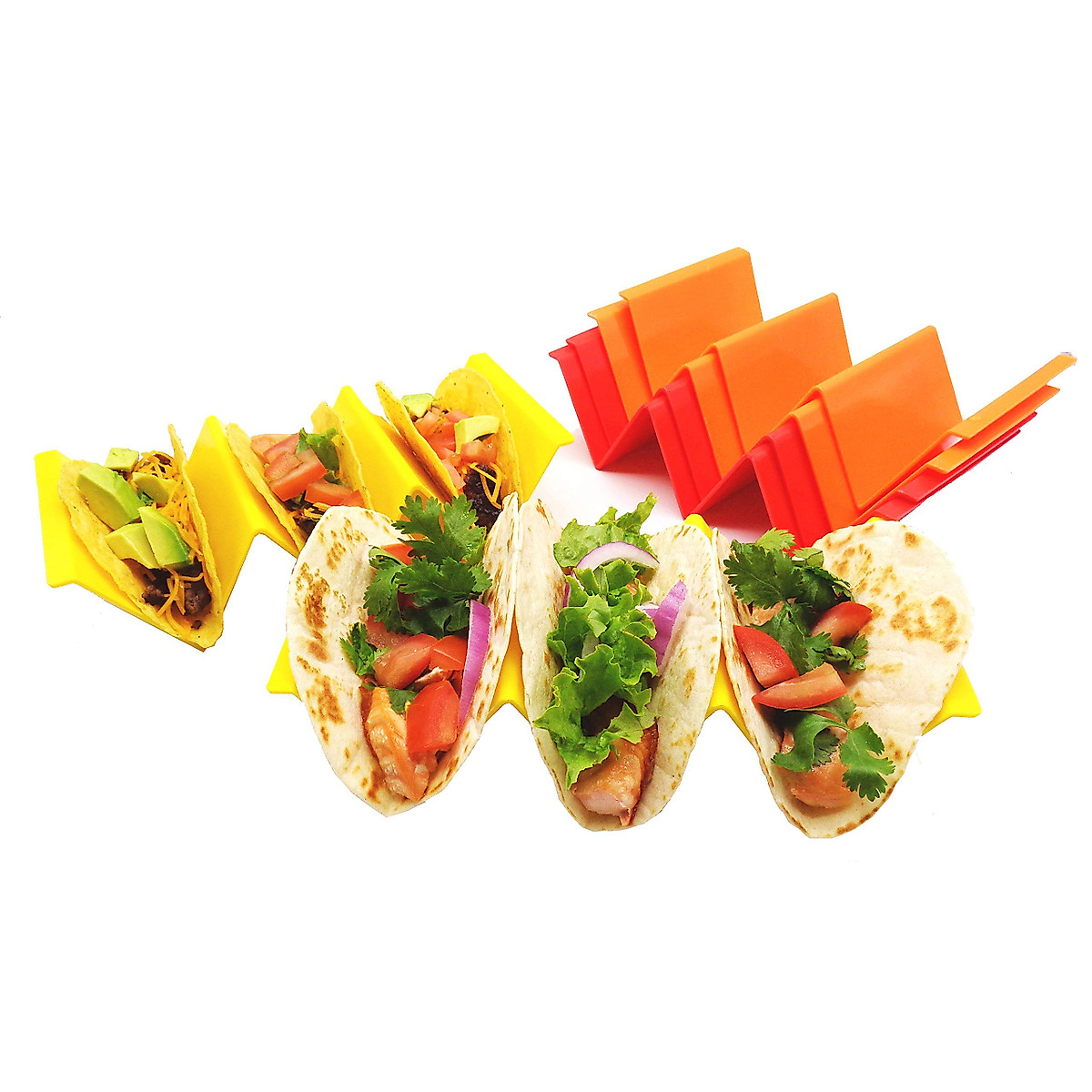 Colorful PP Plastic Taco Holders with Free Recipe Ideas, Premium Tray Plates Holds Up to 3 Tacos Each (Six Pack)