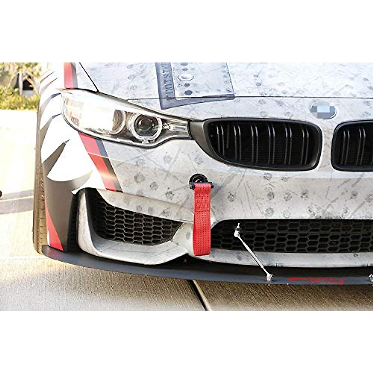 iJDMTOY Track Racing Style Red Tow Strap Compatible With BMW 1 3 5 Series X5 X6 & MINI Cooper (E36 E39 E46 E82 E90 E91 E92 E93 E70 E71 R50 R51 R52 R53 R55 R56 R57 R58 R59), Tow Hole Mount Nylon Loop