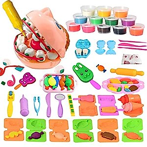 GOVOY Play Clay Dough Dentist Set Doctor Drill and Fill Dentist Toy Smile Dentist Kit Pretend Play Set 53pcs for Kids 3 Years Old and UP