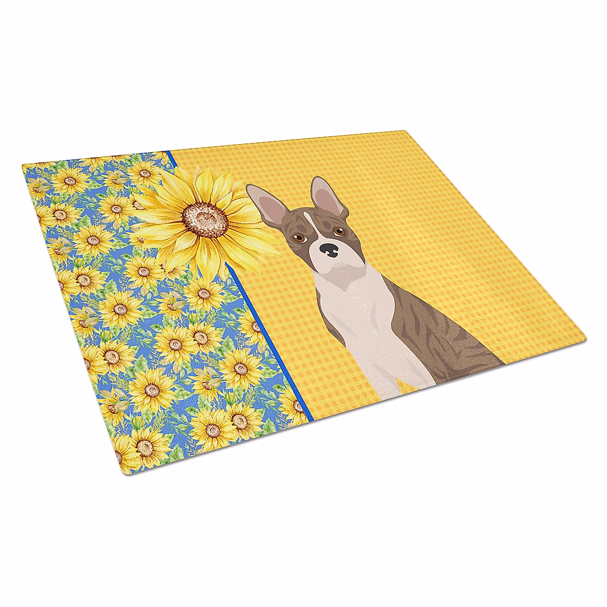 Caroline's Treasures WDK5337LCB Summer Sunflowers Brindle Boston Terrier Glass Cutting Board Large Decorative Tempered Glass Kitchen Cutting and Serving Board Large Size Chopping Board