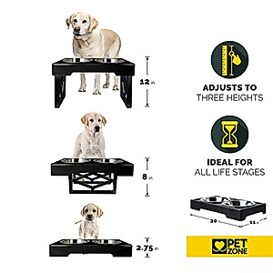 Pet Zone Designer Diner Adjustable Elevated Dog Bowls - Adjusts to 3 Heights, 2.75”, 8", & 12'' (Raised Dog Dish with Double Stainless Steel Bowls) Black, 20 x 10.6 x 6"