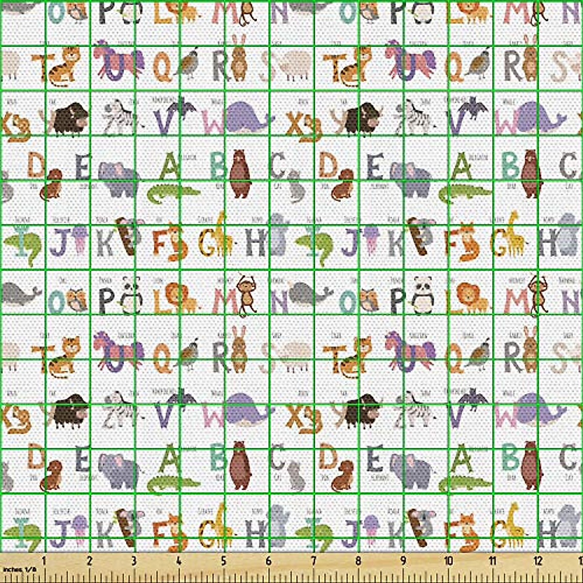 Ambesonne Alphabet Fabric by The Yard, Pattern of Animals and First Letters Learning Themed Image, Decorative Fabric for Upholstery and Home Accents, 1 Yard, White