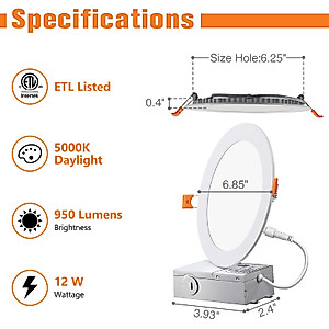 OOOLED Recessed Lighting 6 Inch, Canless LED Recessed Light Fixtures with Junction Box, 12W (100W Eqv), 950LM, 5000K Daylight, Dimmable LED Downlight and Ceiling Lights LED, ETL Listed, 12-Pack