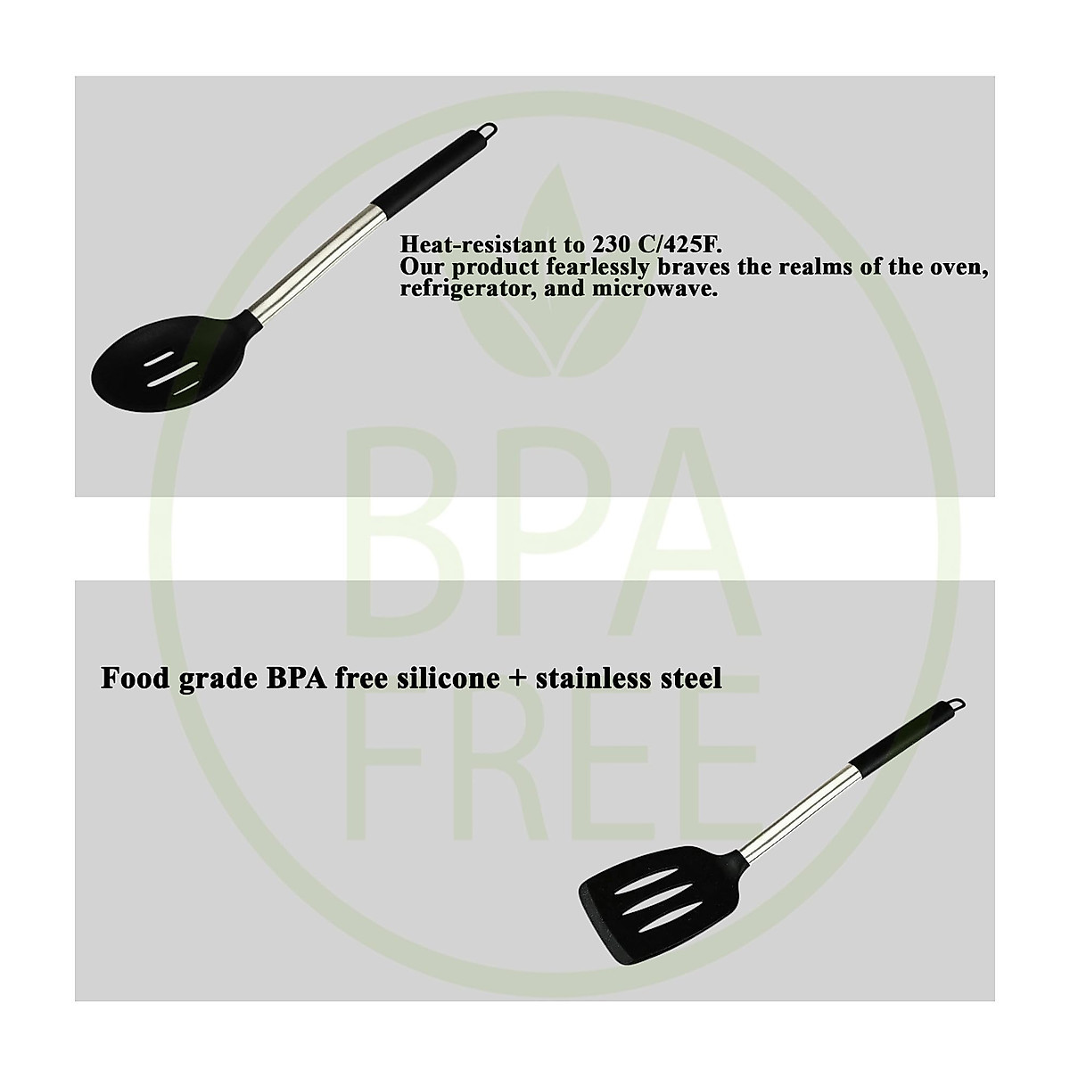 15 Pieces Silicone Kitchen Utensil Set with Holder | Non Slip Stainless Steel Cooking Tool |Spatulas, Spoon, Ladle, Pasta Server, Turner, Tongs, Whisk & More | Heat Resistant 446°F | BPA Free (Black)