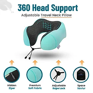 Adjustable Travel Pillow for Neck Support & Comfort, Lightweight Memory Foam Travel Neck Pillow for Sleeping - Washable & Breathable Plane Pillow for Traveling with Eyemask, Earplug & Carry Bag