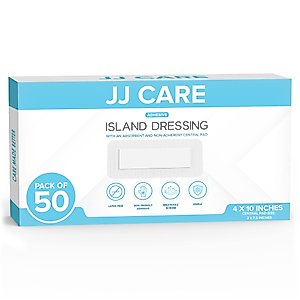 JJ CARE Adhesive Island Dressing [Pack of 50], 4” x 10” Sterile Island Wound Dressing, Breathable Bordered Gauze Dressing, Individually Wrapped Island Wound Bandages with Non-Stick Central Pad
