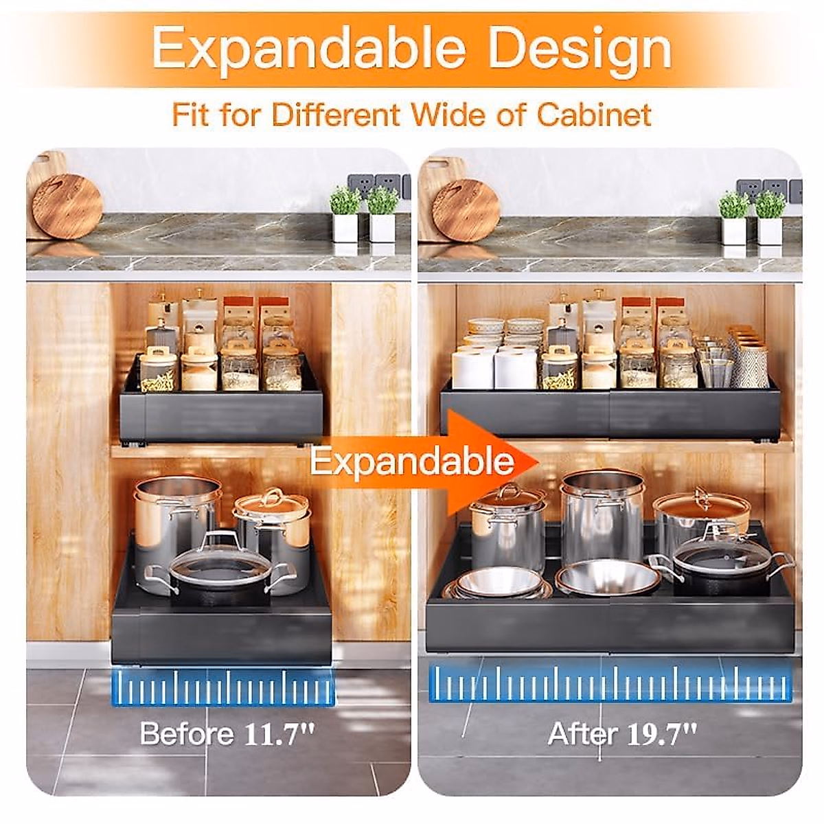 Pull out Cabinet Organizer, Expandable(11.7"-19.7") Heavy Duty Slide out Drawer Fixed with Adhesive Nano Film for Pots, Roll out Shelf Storage for Kitchen Cabinet Organization, Pantry, Bathroom