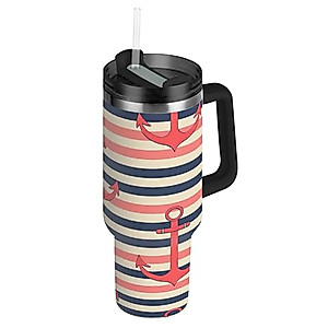 FRCSDIY Striped Anchor Insulated Tumbler with Handle and Straw Lid,40oz Leakproof Stainless Steel Cup BPA-Free Water Bottle