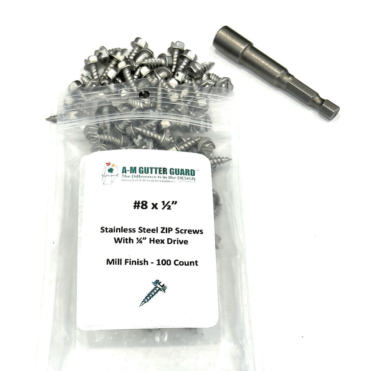 A-M Gutter Guard - Aluminum 5" (100 Feet, Mill Finish) with 100-1/2" #8 Stainless Steel Zip Screws - Includes 1/4" Magnetic Hex Driver