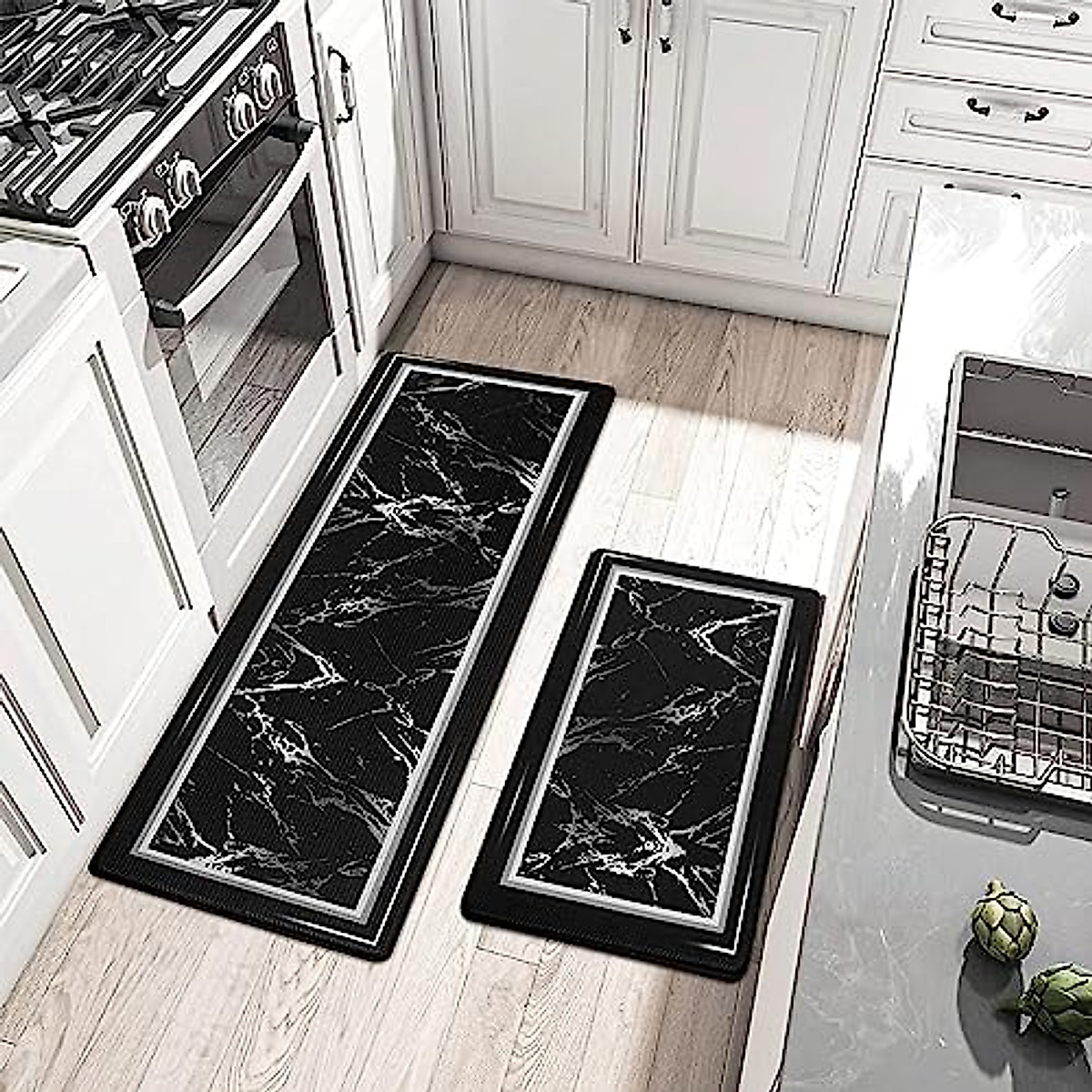 ASPMIZ 2 PCS Kitchen Rugs Non Slip, Black Marble Kitchen Mats Cushioned Anti Fatigue, Comfort Standing Mat for Kitchen Floor, Marble Kitchen Rugs Sets of 2 Washable, 18'' x 48'' + 18'' x 30''