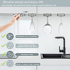 Wine Glass Holder Under Cabinet, Movable 4 Rows 12" Nail Free Metal Wine Glass Rack Stemware Wine Glasses Hanger Storage Rack Organizer Under Shelf With Mugs Set Holder for Cabinet Kitchen Bar
