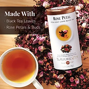 The Republic of Tea Rose Petal Full-Leaf Loose Black Tea, 2.8 Oz Tin | Steeps 50 Cups | Caffeinated