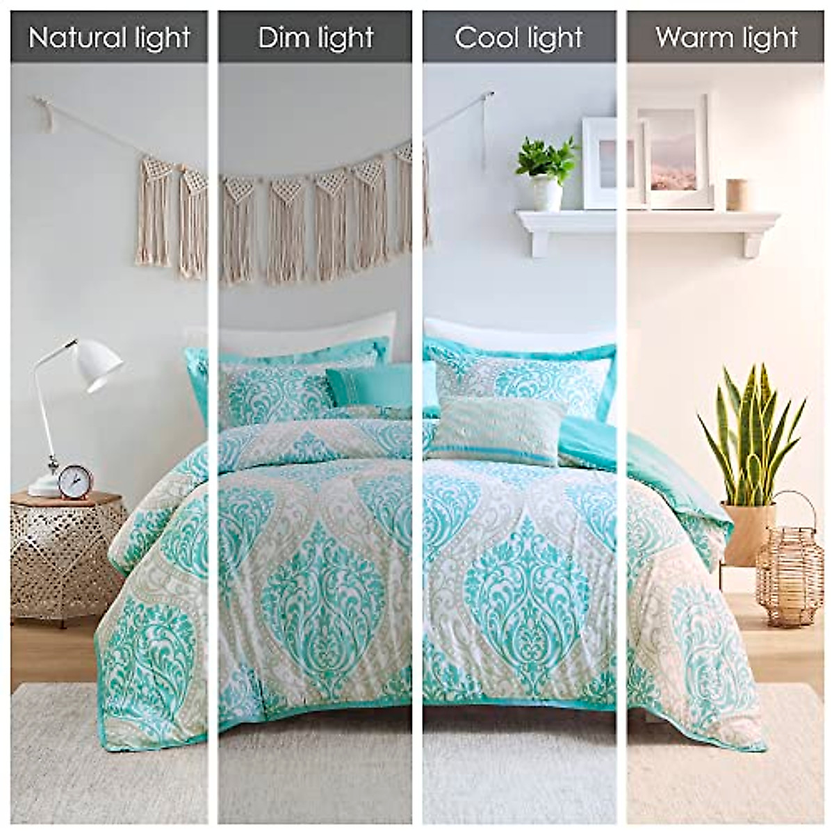 Intelligent Design ID10-898 Senna Comforter Set King/Cal King Size - Aqua Blue/Gray, Damask – 5 Piece Bed Sets – Ultra Soft Microfiber - All Season Comforter Set Bedding