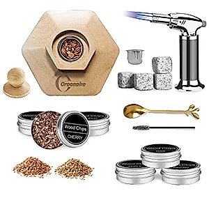 Cocktail Smoker Kit with Torch,Old Fashioned Smoker Kit with 6 Flavour Wood Chips and 4 Ice Cube Whiskey Stone for Bar Lovers,Father,Husband (Butane Not Included)