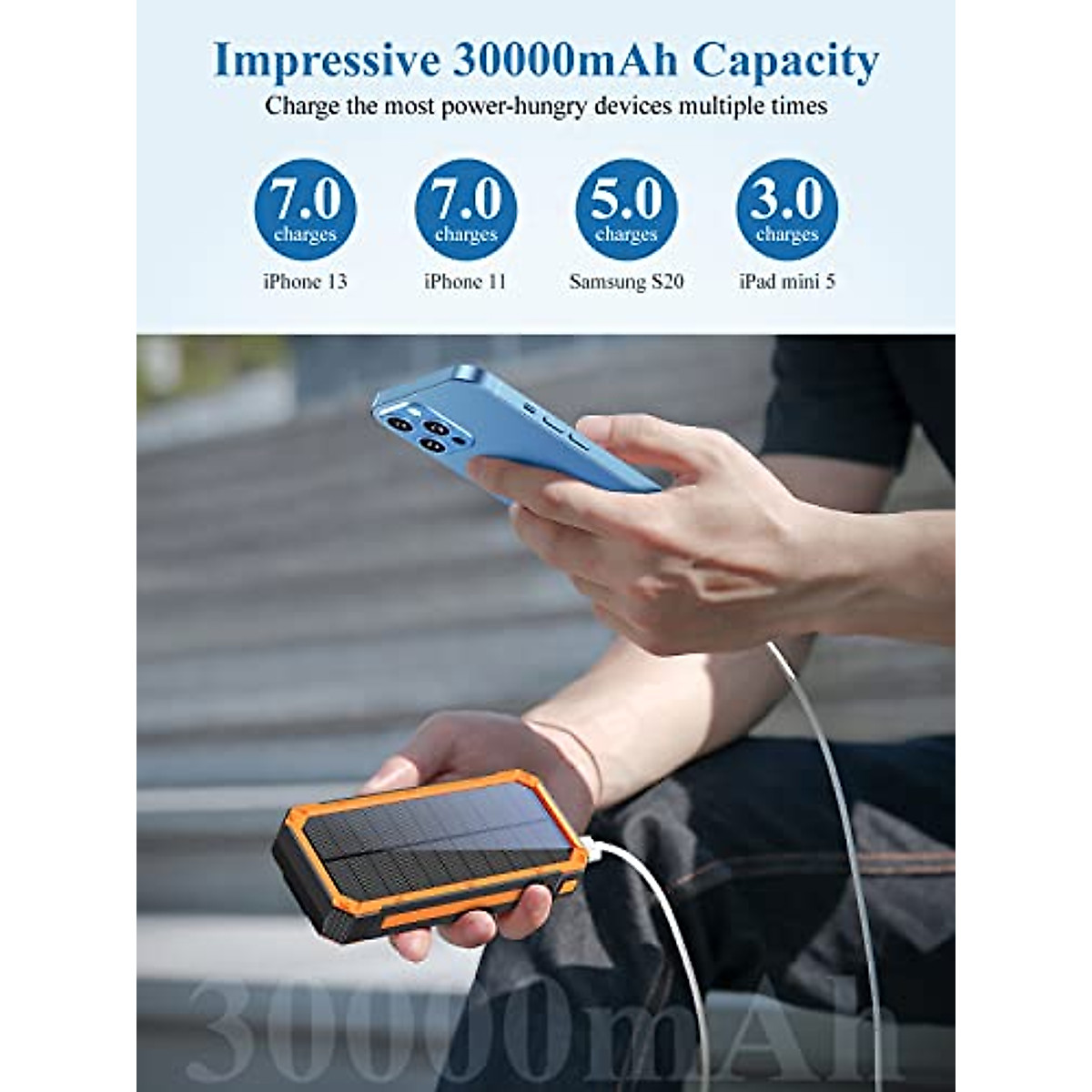 Ffnpua Solar Power Bank, Portable Charger 30000mAh PD 18W QC3.0 Fast Charging with USB Type C 4 Outputs Dual Inputs, Battery Pack with IP55 Waterproof Bright Flashlight for iPhone Android Cell Phones