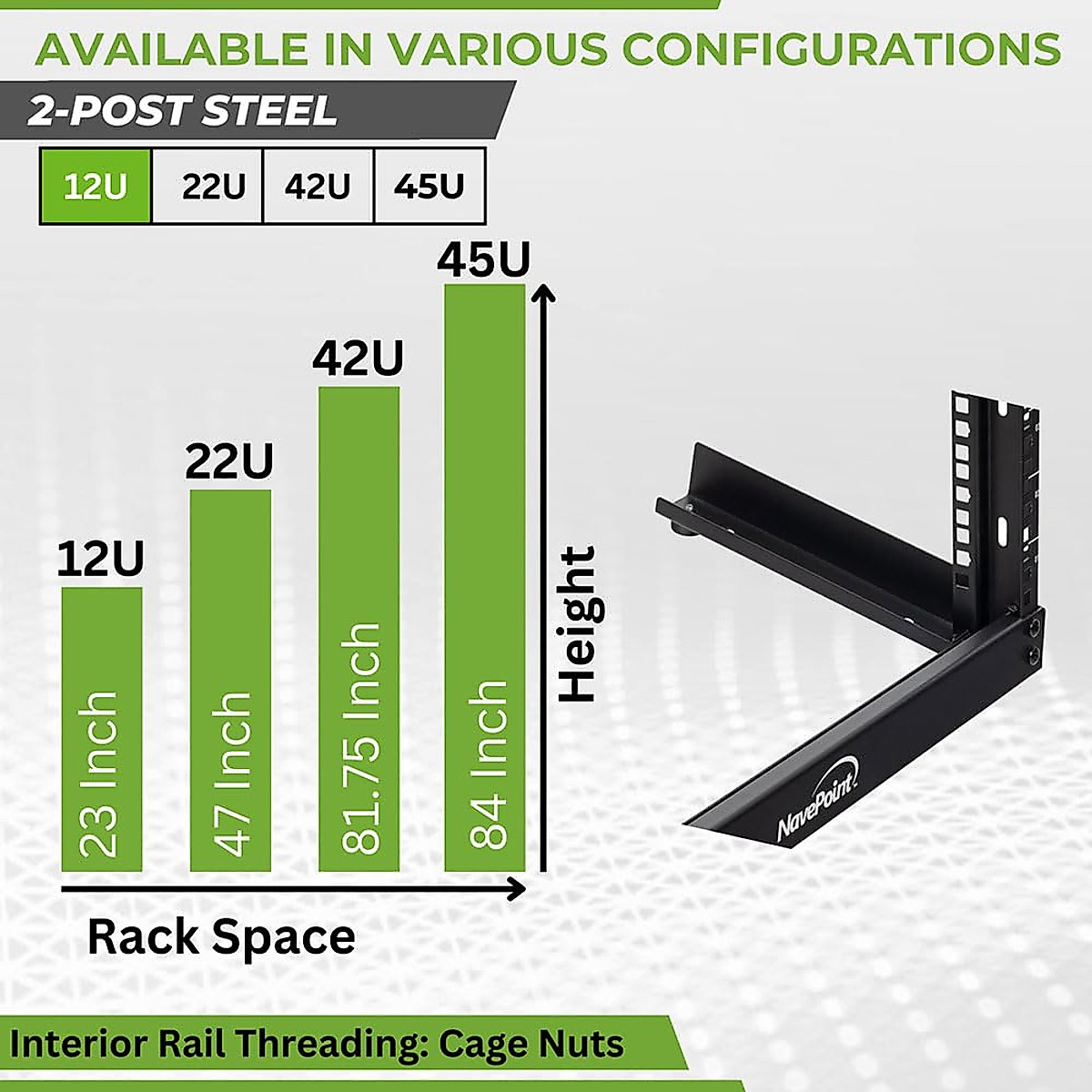 NavePoint 12U 19 Inch Desktop Open Frame 2 Post Server Desk Rack Free Standing W/Hardware