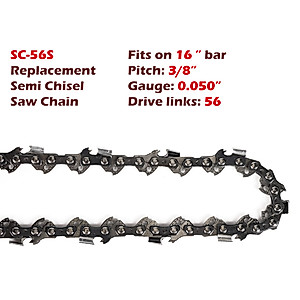 2PCS/PACK Reliable Replacement SC-S56 16-Inch Semi Chisel Saw Chain, Pitch: 3/8", gauge: .050", drive link count: 56, Compatible for Echo, Homelite, Poulan, Remington, Greenworks and more