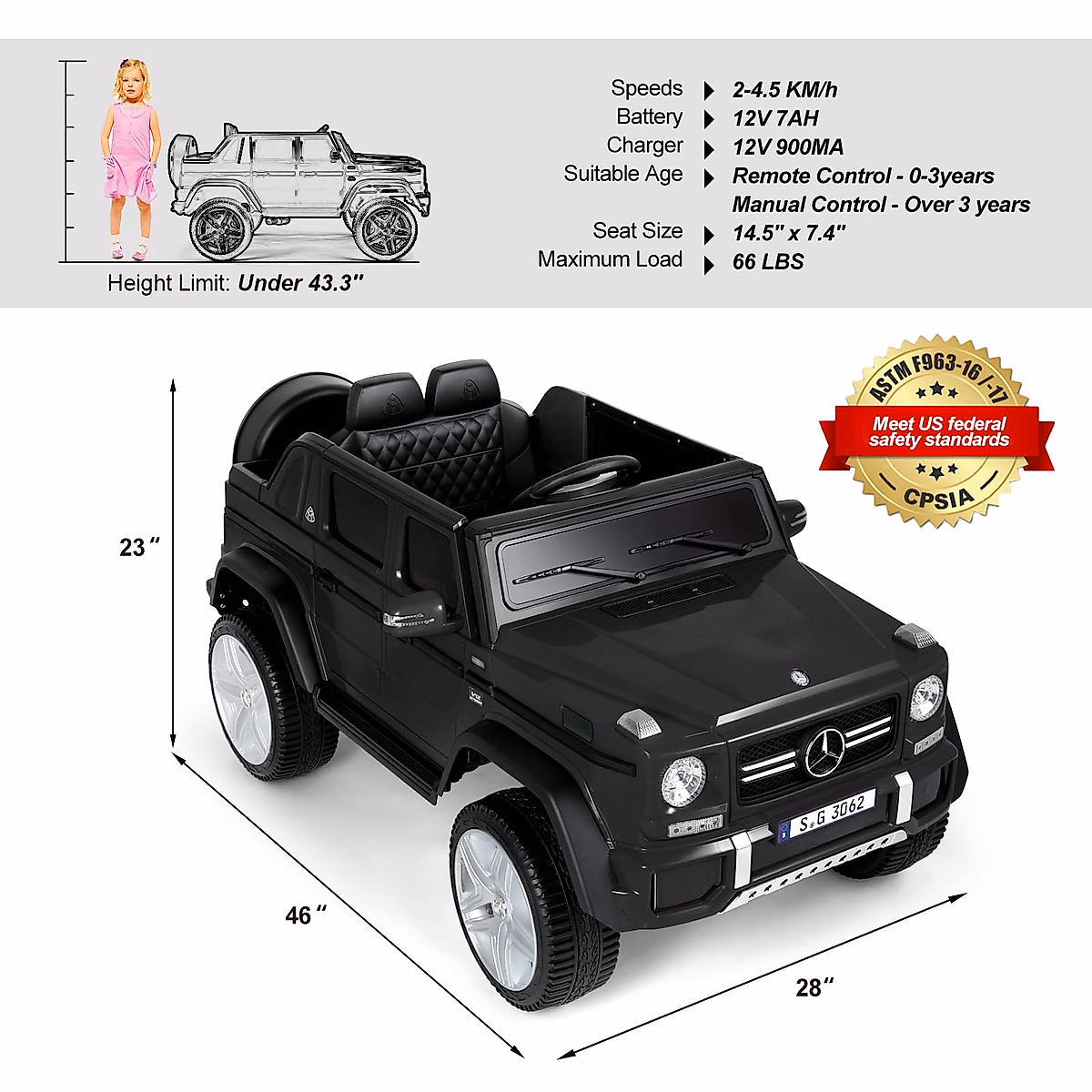 JOYLDIAS Kids Ride On Cars, Licensed Mercedes-Benz Maybach G650S, 12V7AH Battery Powered Toy Electric Car for Kids with 2.4GHz Remote Control, 2 Motors, 3 Speeds, Lock, Music, Horn, LED Lights, Black