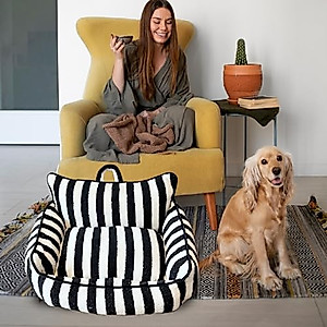 Naisicore Dog Bed, 26.8x20.5inch Plush Striped Thermal Dog Beds with Lifting Handle, Washable Cat Beds for Small Medium Dogs Cats (Black+White)