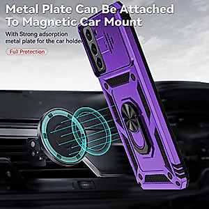 for Samsung Galaxy S21 FE 5G Case with Camera Lens Cover HD Screen Protector, Military-Grade Drop Tested Magnetic Ring Holder Kickstand Protective Phone Case for Samsung Galaxy S21 FE 5G (Purple)