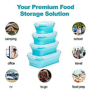 Set of 4 Collapsible Silicone Food Storage Container, Leftover Meal box For Kitchen, Bento Lunch Boxes, BPA Free, Microwave, Dishwasher and Freezer Safe. Foldable Design Saves Your Space.