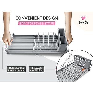 Isabel Lily Dish Drying Rack - Space-Saving Kitchen Organizer with Drainboard & Detachable Utensil Holder - Rust-Proof Stainless Dish Washer Dryer Rack