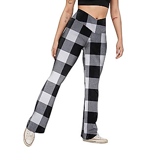 High Waisted Pants for Women 4 Way Stretch Comfy Non-See-Through Bootcut Yoga Plaid Printed Dress Pants Sweat Pants