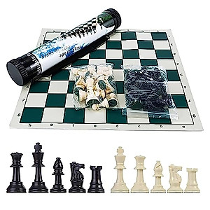 GETORIUM Tournament Chess Set: Portable and Professional Set with Travel Portable Plastic Tube Roll. Plastic Staunton Chess Pieces, Foldable Vinyl Chess Board.(Green, 13X13IN)