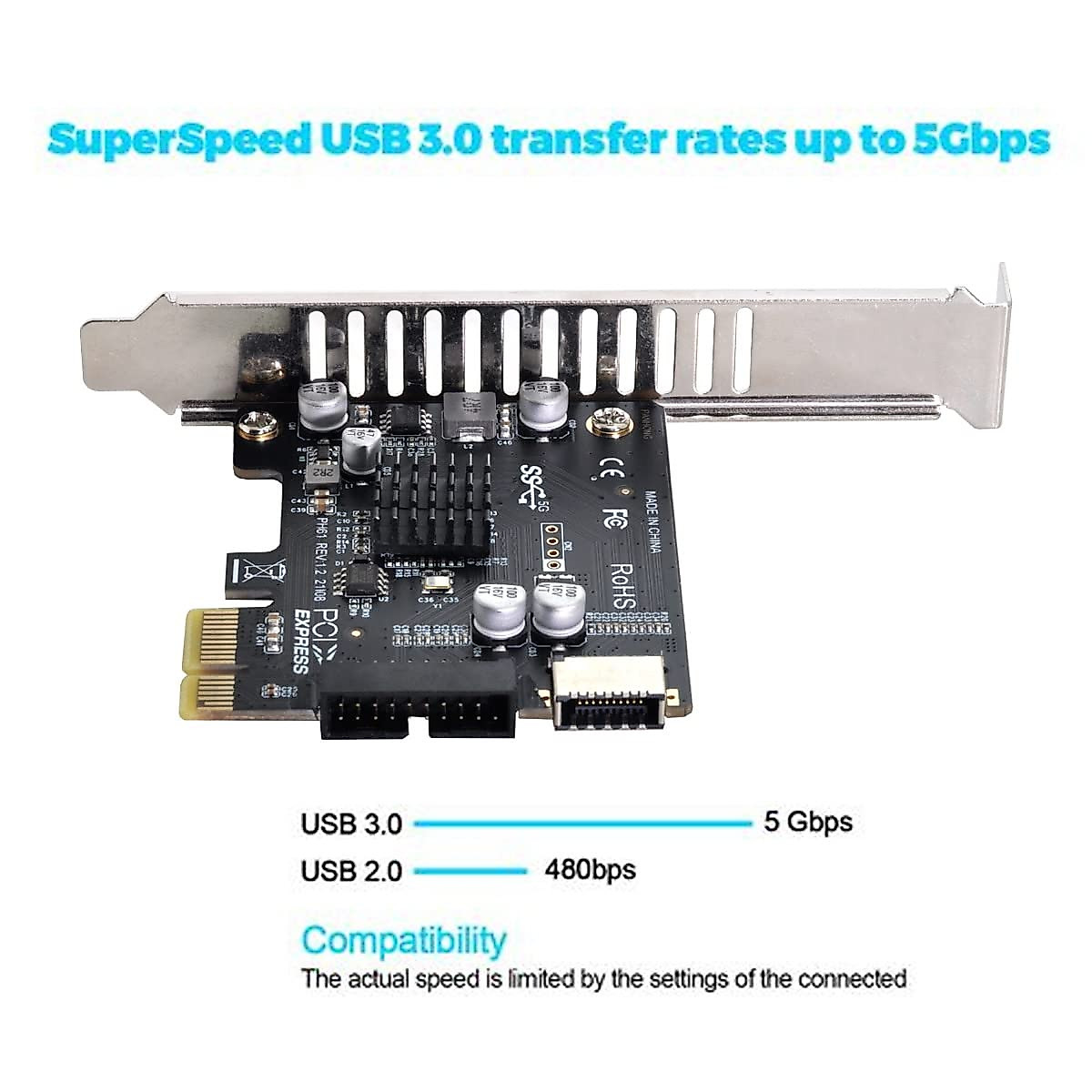 cablecc 5Gbps Type-E USB 3.1 Front Panel Socket & USB 2.0 to PCI-E 1X Express Card VL805 Adapter for Motherboard