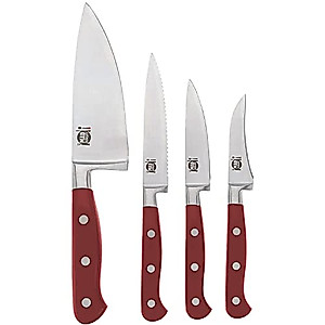 Mad Hungry 4-Piece Forged Specialty Knife Set - 6" Chef, 4.5" Serrated Utility, 3.5" Paring, & 3" Birds Beak Knives Kitchen (Red)