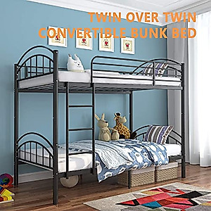 Alohappy Metal Bunk Beds Frame Twin Over Twin, Convertible Into 2 Individual Metal Bed Frame, Removable Ladder & Safety Guard Rail (Black)