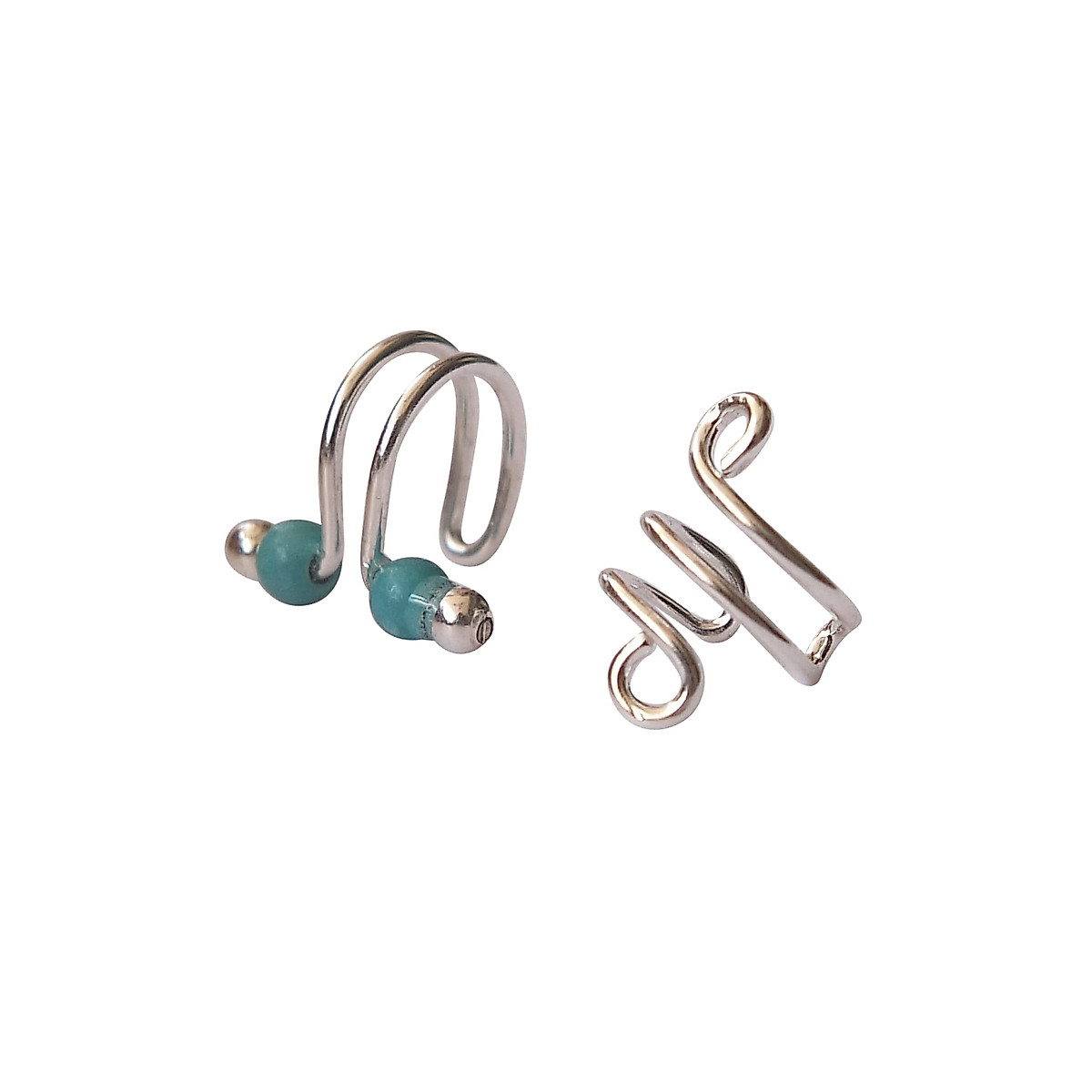 Handmade Silver Wire 2Pcs Adjustable Ear Swirl & Turquoise Ear Cuffs Non-Piercing Earring, 925 Sterling Silver, Fake Cartilage Helix Non-Pierced Ear Wrap Clip on for Women, By Miya Jewelry