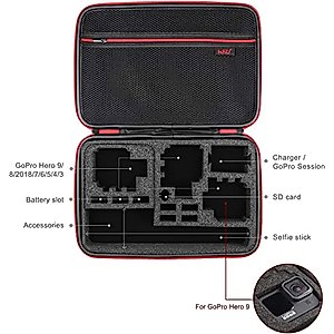 HSU Large Carrying Case for GoPro Hero 11, 10, 9, Hero 8, 7 Black,HERO6,5,4,+LCD, Black, Silver, 3+, 3, 2 and Accessories with Fully Customizable Interior Carry Handle and Carabiner Loop