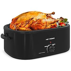 26 Quart Electric Roaster Oven with Visible & Self-Basting Lid, Large Turkey Roaster with Defrost Warm Function, Adjustable Temperature, Removable Pan Rack, Stainless Steel, Black