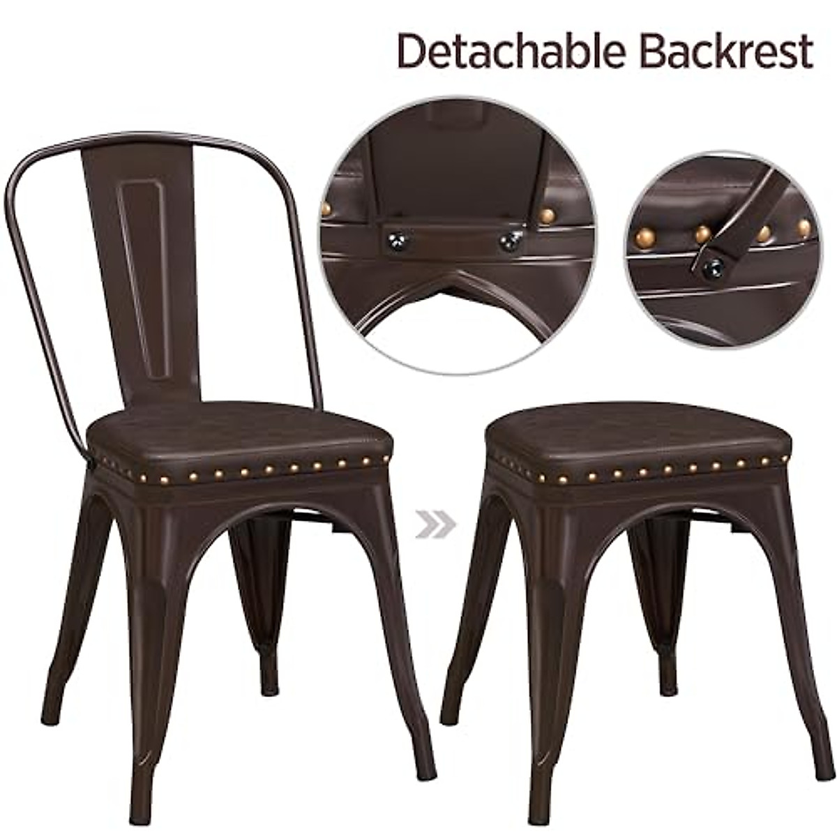 Yaheetech Metal Dining Chairs Stackable Side Industrial Set of 4 Kitchen Chairs with Soft Cushioned High Backrest 18 Inch Dark Brown