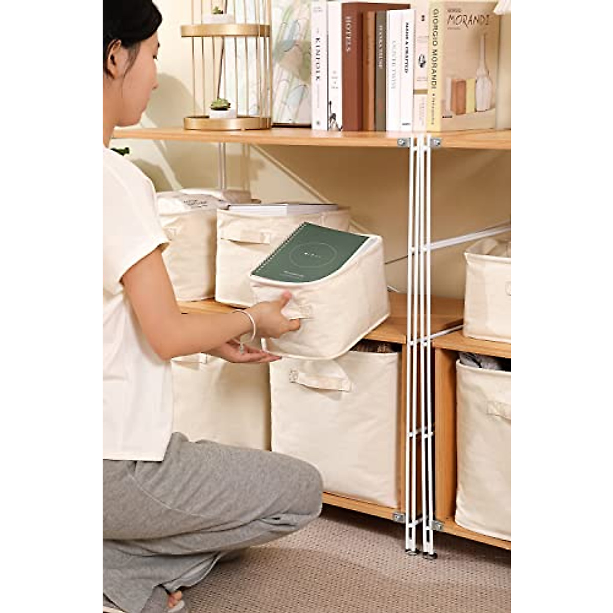 YONBEN Decorative Basket Rectangular Fabric Storage Bin Organizer Basket with Handles for Clothes Storage (11.6 x 8 x 7.8, Beige)