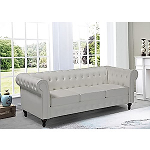 Container Furniture Direct Teressa Faux Leather Chesterfield Sofa for Living Room, Apartment or Office, Three Seater Mid Century Modern Couch, 82" W, White