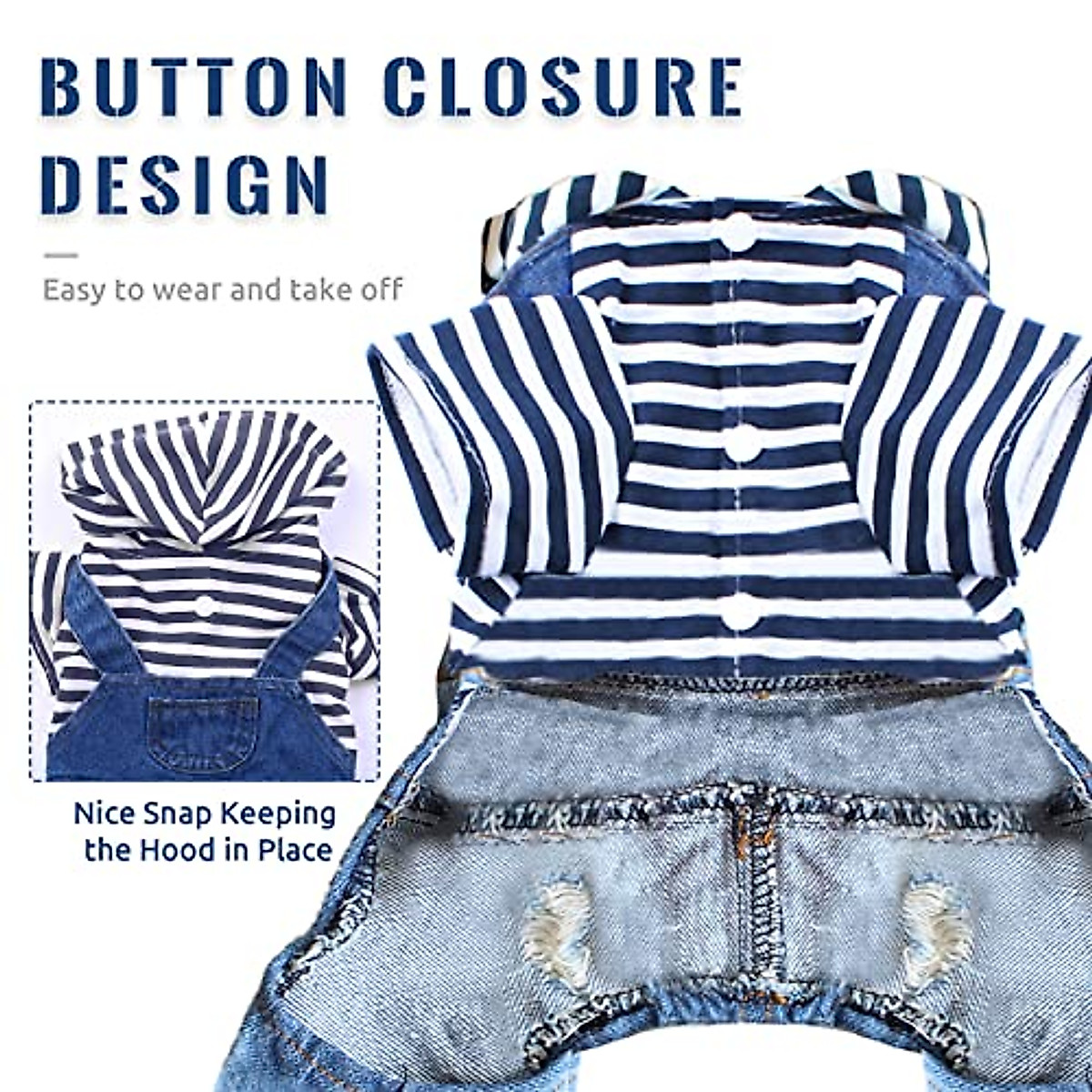 DOGGYZSTYLE Small Dog Hoodie Clothes Cute Stripe Shirts Denim Jumpsuit One-Piece Outfit for Small Medium Dogs Cats Boy Girl Chihuahua Blue Jeans Overalls Puppy Costume (Blue,XS)