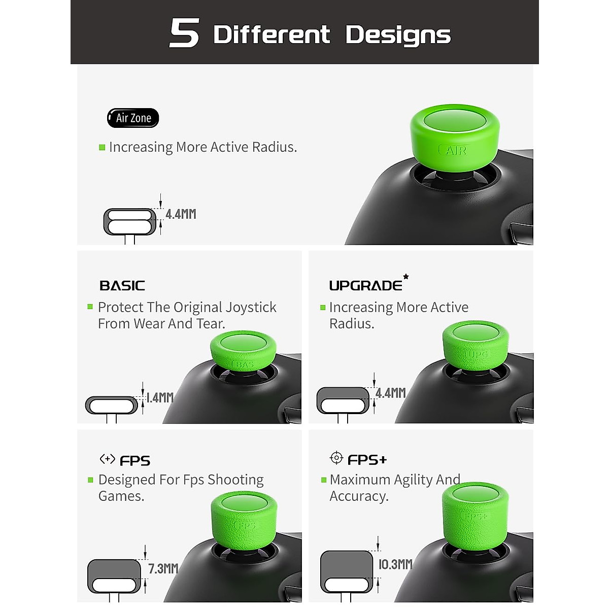 ELETIUO 5 Pairs/10 Pcs Thumb Grips Set for Xbox Series X/S,Xbox One,Xbox One X/S Controller,Anti-Slip Silicone Joystick Cap with 5 Designs, Custom Analog Thumbsticks Cover,Green