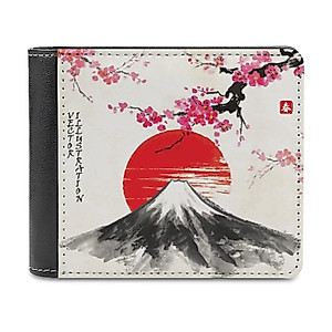 Oyihfvs Pink Cherry Blossom Red Sun Japanese Mountain Fuji PU Leather Bifold Wallet Coin Purse Soft Stylish Credit Pass Case Card-Holder for Boy Girl Men Woman Money Storage