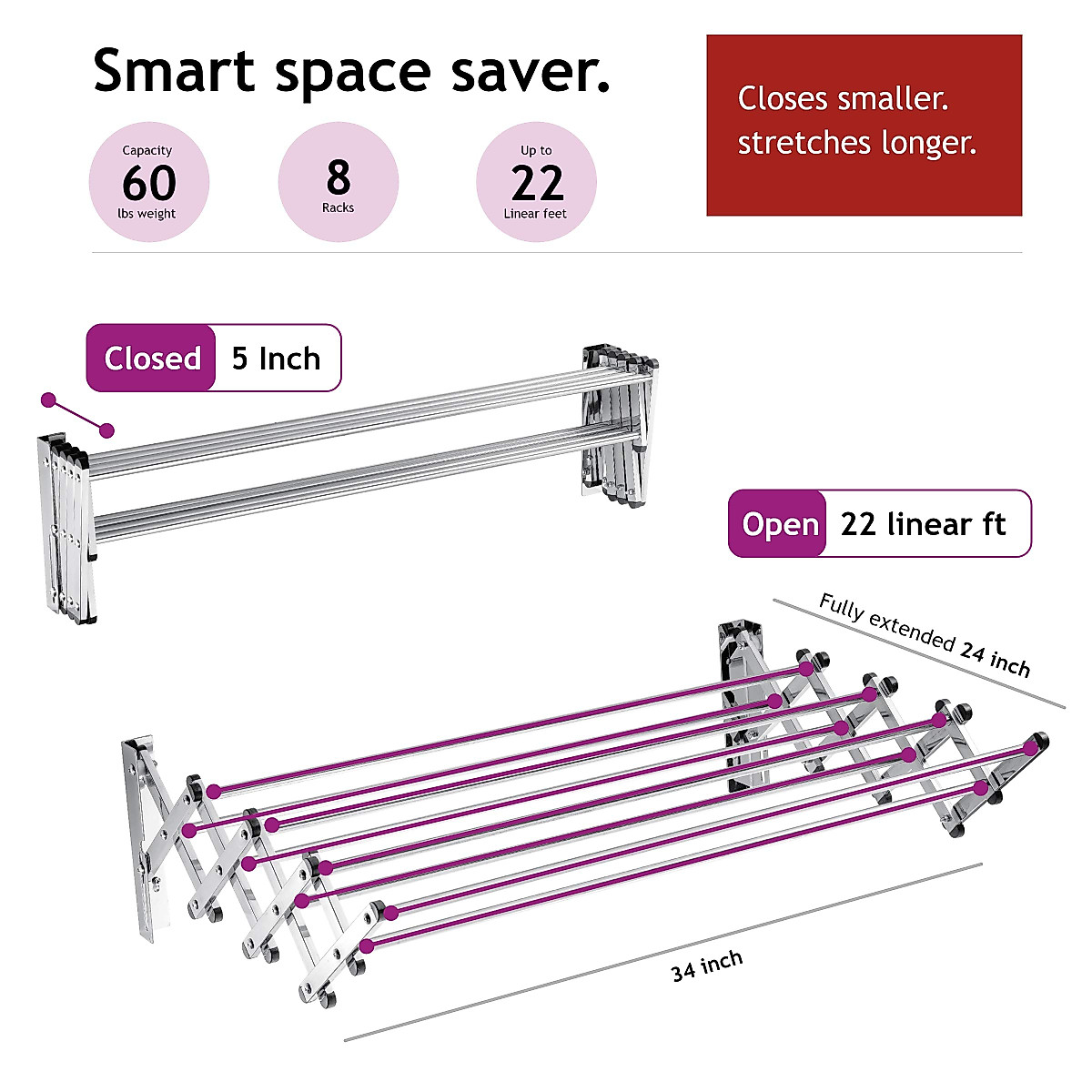 Bartnelli Accordion Wall Mounted Drying Rack | 8 Smooth Round Stainless Steel Rods | Huge 22 Linear Feet Capacity | Compact Sleek Design || 60lb Capacity