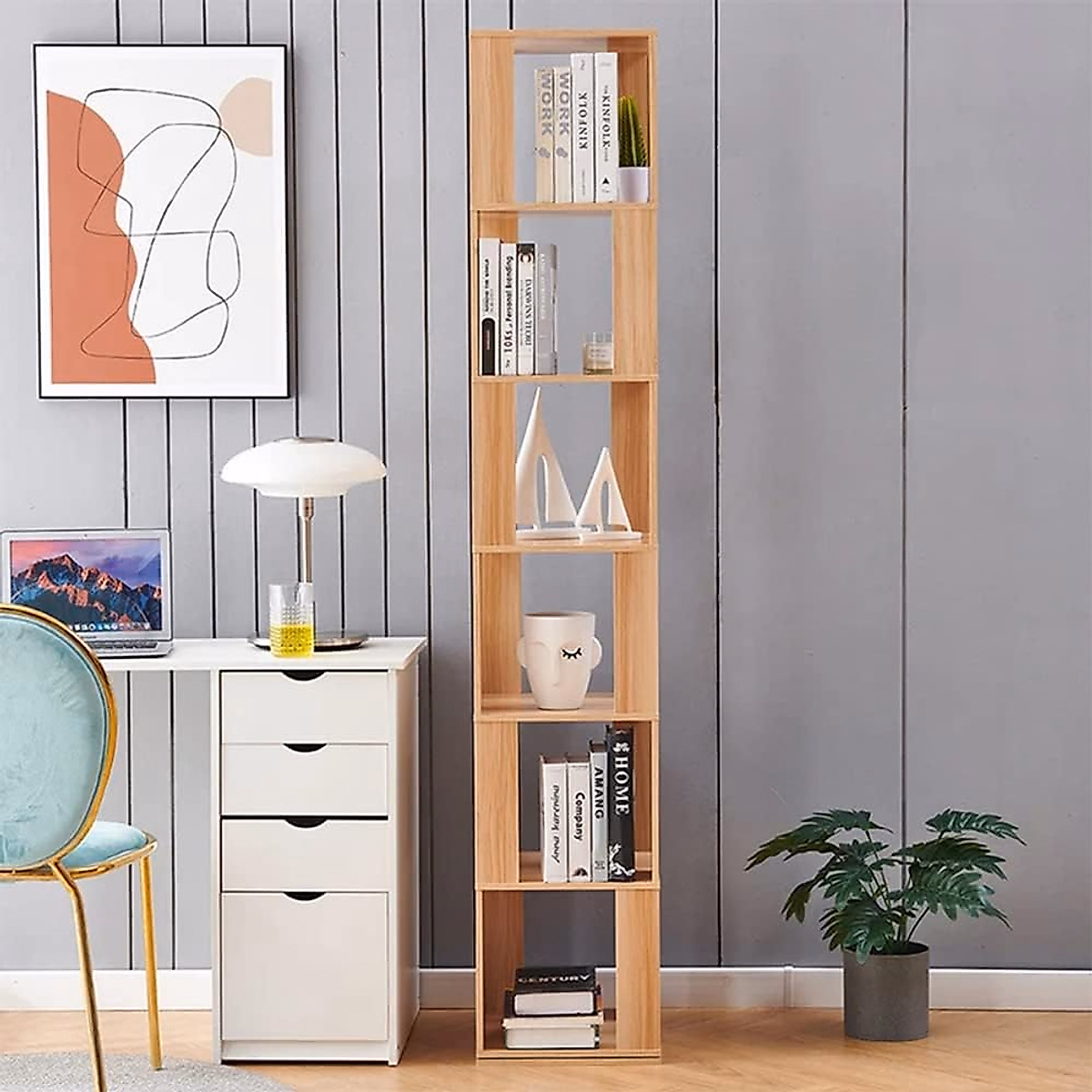 Rotating Bookshelf,6 Tier 360 Floor Standing Revolving Bookcase Storage Rack,Wood Narrow Bookshelf for Small Space,Corner Book Shelf Organizer for Bedroom, Living Room (Burlywood)