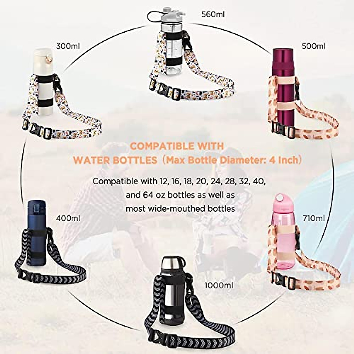 EasyAcc Water Bottle Handle Shoulder Strap, for 12oz - 64 oz Owala Hydro Flask Wide Mouth Water Bottles and Universal Water Bottles, with Carabiner, for Walking Hiking Camping (Bottle Excluded)