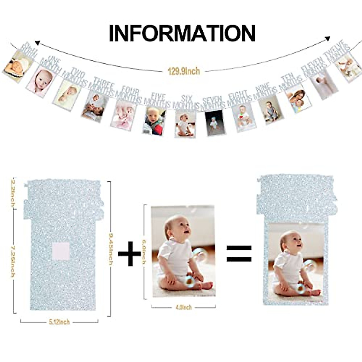 Silver 1st Birthday Baby Photo Banner for Newborn to 12 Months And Alphabet ONE Bunting, Alphabet ONE Cake Topper for Baby Show First Birthday Party Decoration