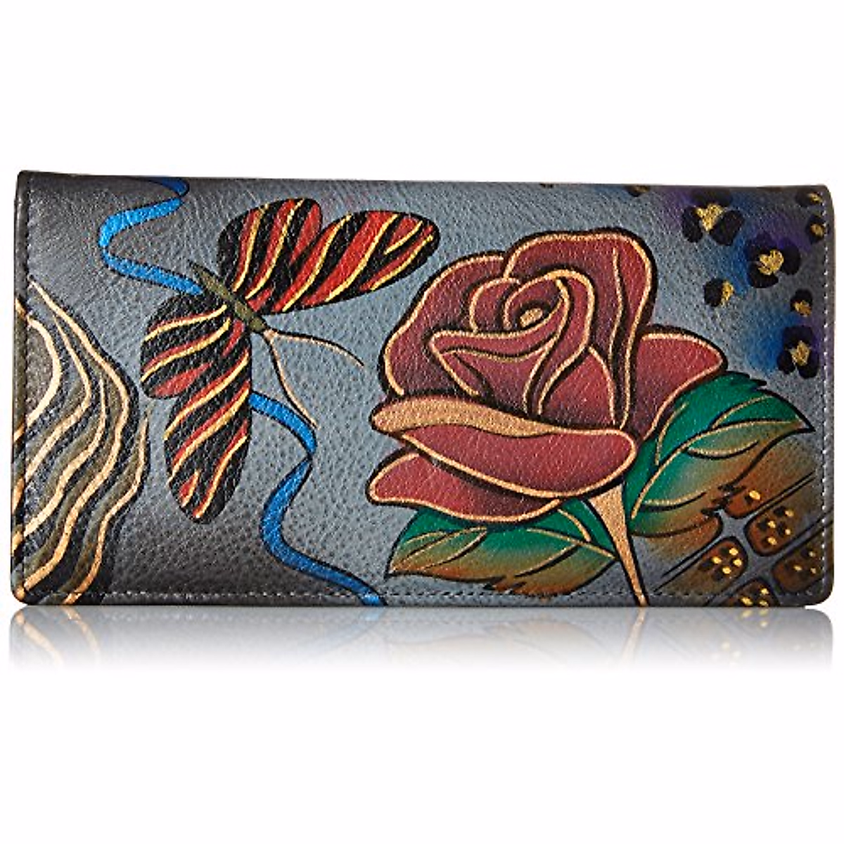 Anna by Anuschka Womens Handpainted Leather Ladies Wallet Snap Button Closure, Rose Safari Grey,One Size