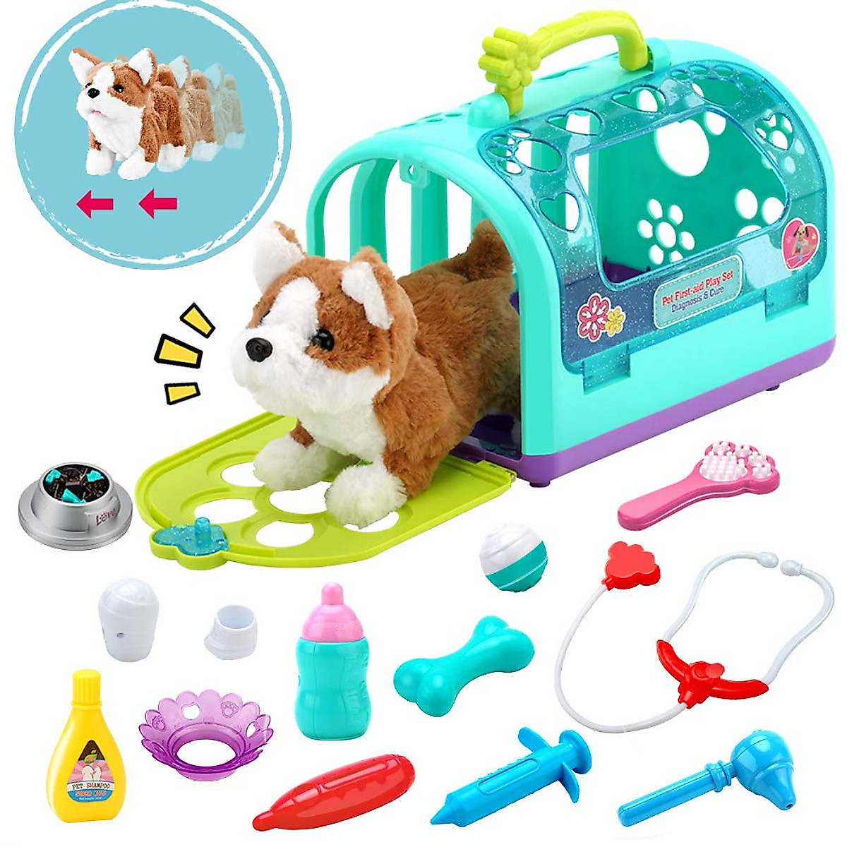 15PCS Electronic Vet Set for Kids,Walk and Bark Little Dog Pretend Play Doctor Playset Pet Care Role Play Early Educational Toys for Boys Grils Toddler