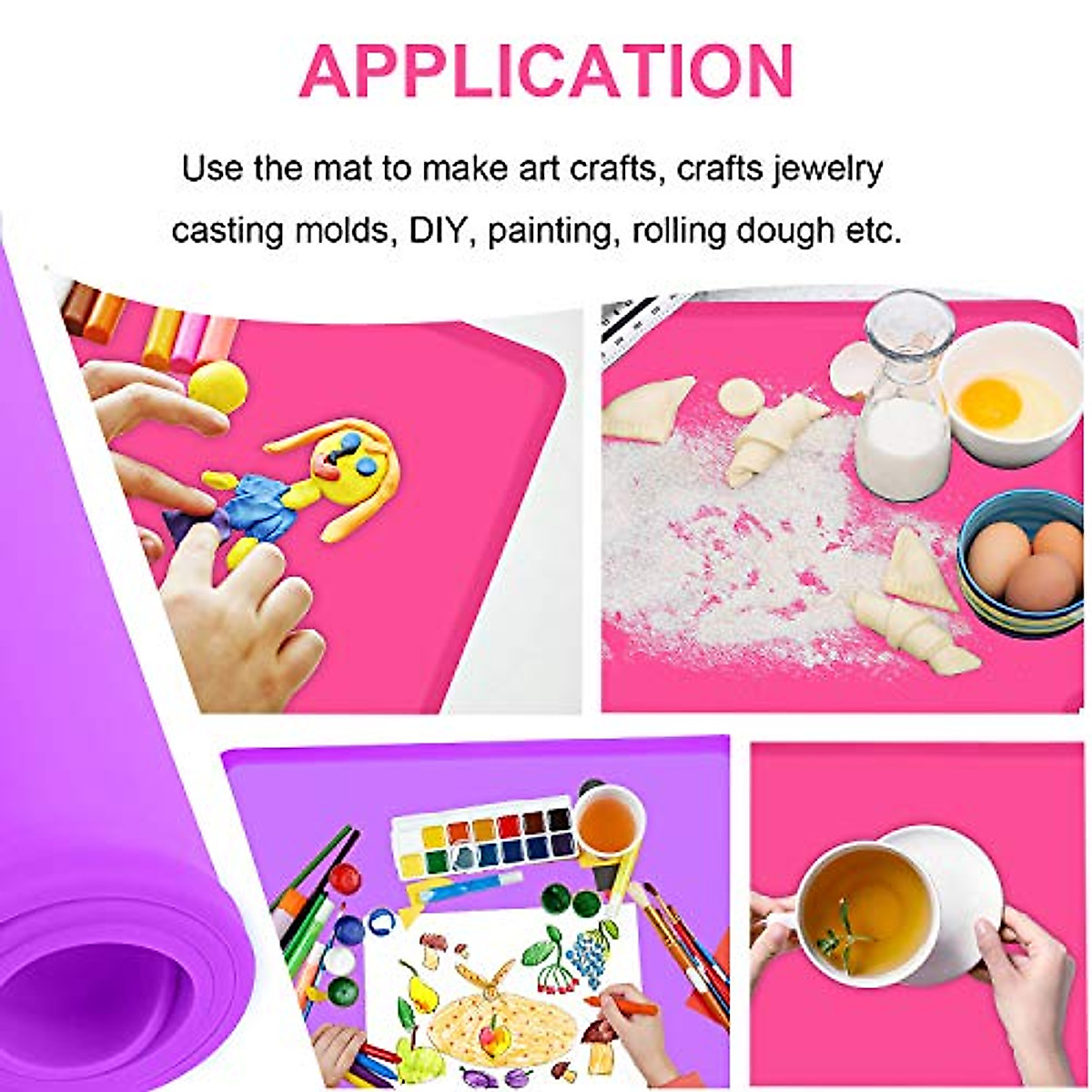 Placemats for Kids, Silicone Baby Placemats for Toddler Children Reusable Non-Slip Large Silicone Sheets for Crafts Resin Jewelry Casting Table Mats, 2 Pack, Purple/Pink