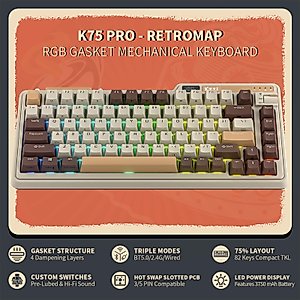 KZZI K75 PRO RGB 75% Wireless Gasket Mechanical Keyboard, Triple Mode BT 5.0/2.4G/USB-C 82 Keys Hot Swappable Gaming Keyboard w/Knob & Power Display, Custom Tactile Switches, Mousse Brown